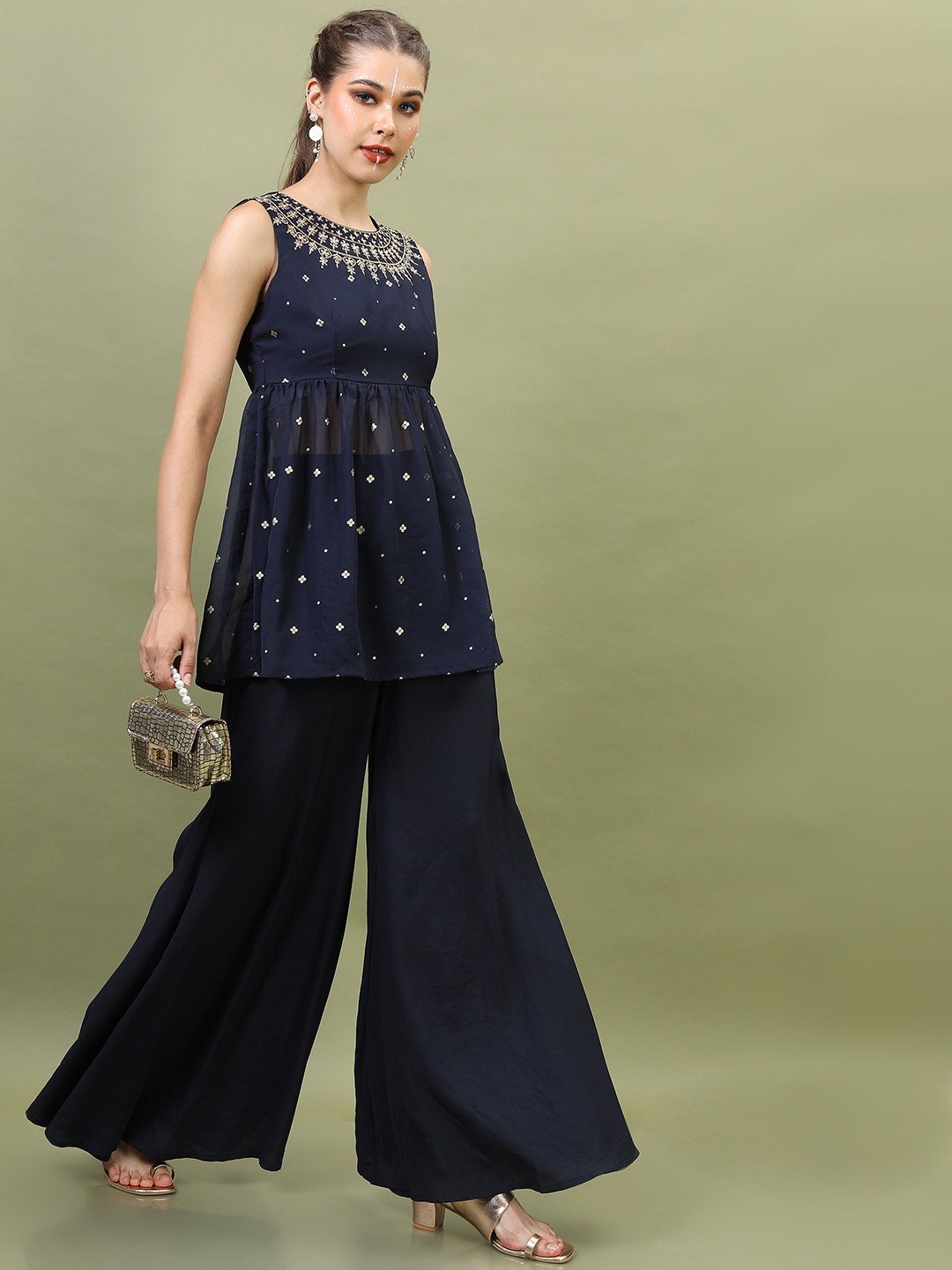 Buy Vishudh Women Navy Blue Ethnic Motifs Embroidered Empire Kurti With ...