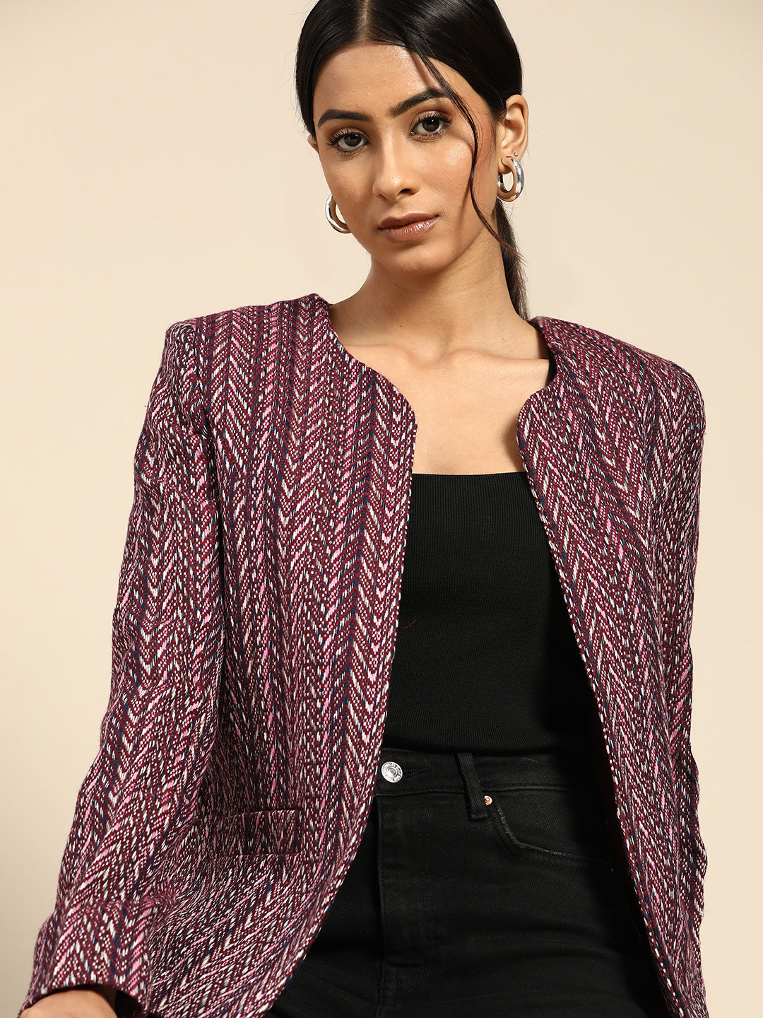 Buy All About You Women Maroon Navy Blue Striped Open Front Jacket ...