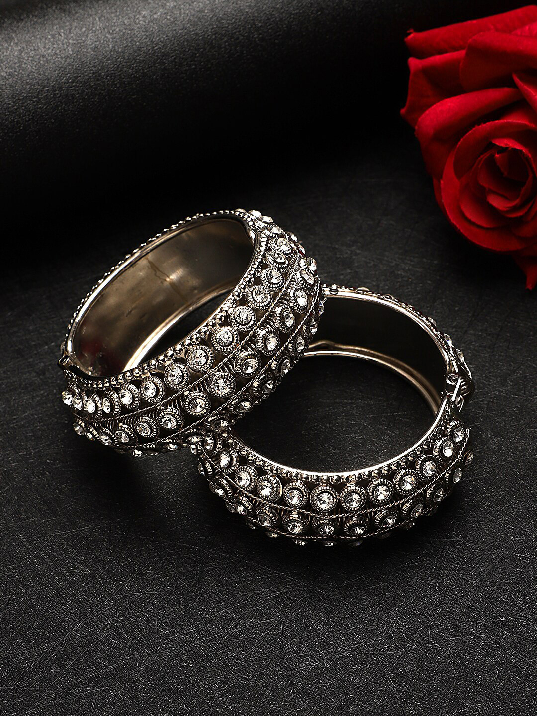 Buy KACY Set Of 2 Silver Plated Stone Studded Bangle - Bangle for Women ...