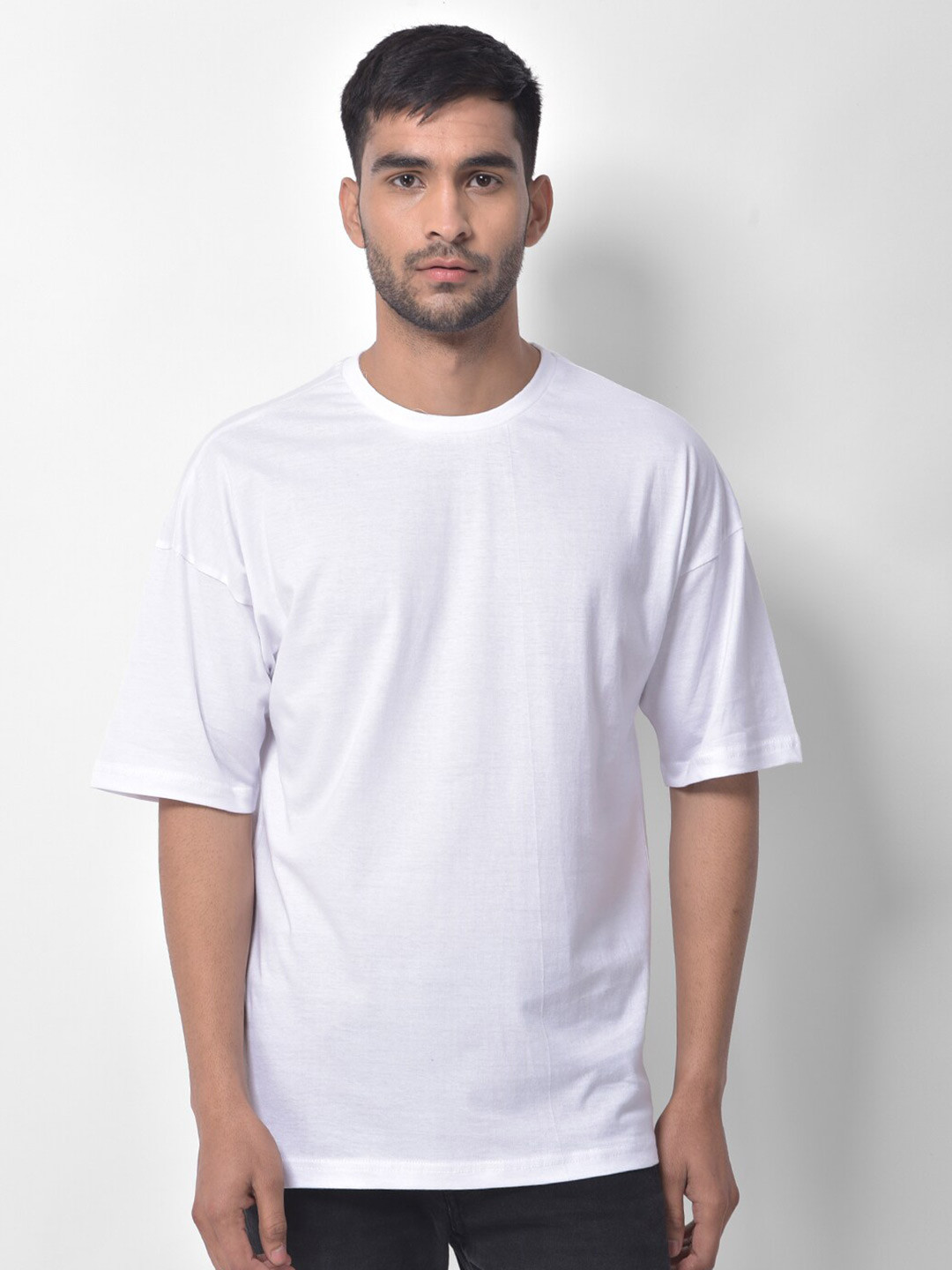 Buy Melangebox Men White Drop Shoulder Sleeves Oversized Cotton T Shirt ...