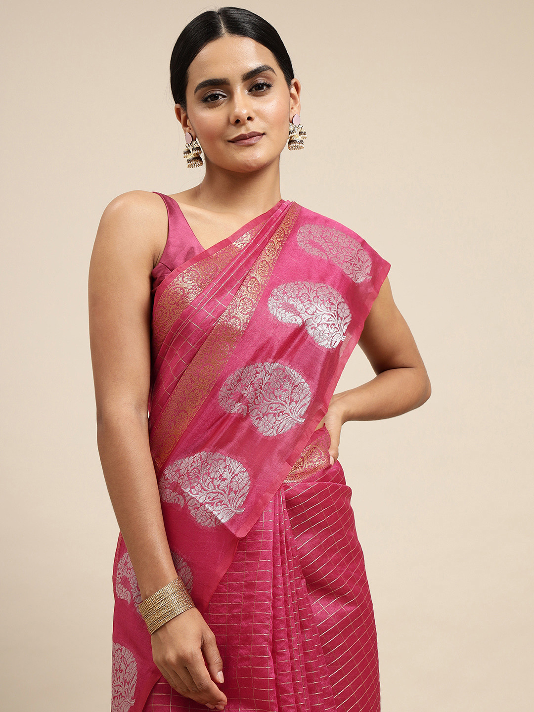 Buy Royal Rajgharana Saree Pink Woven Design Zari Linen Blend Banarasi ...