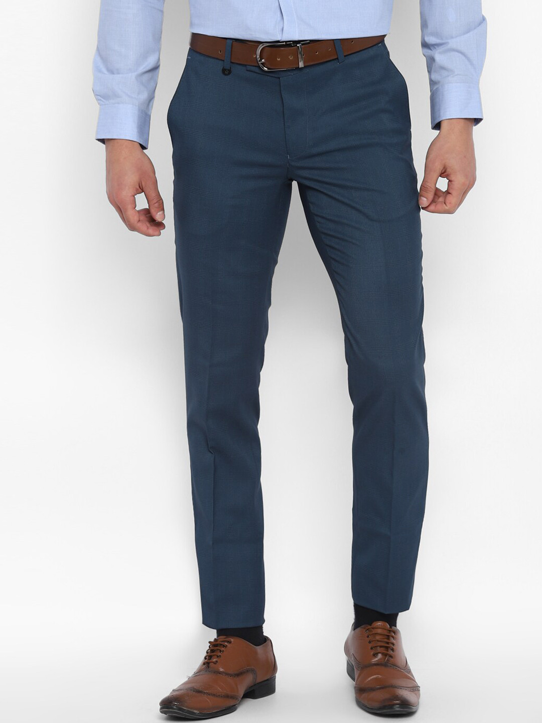 Buy Turtle Men Navy Blue Checked Slim Fit Formal Trouser - Trousers for ...