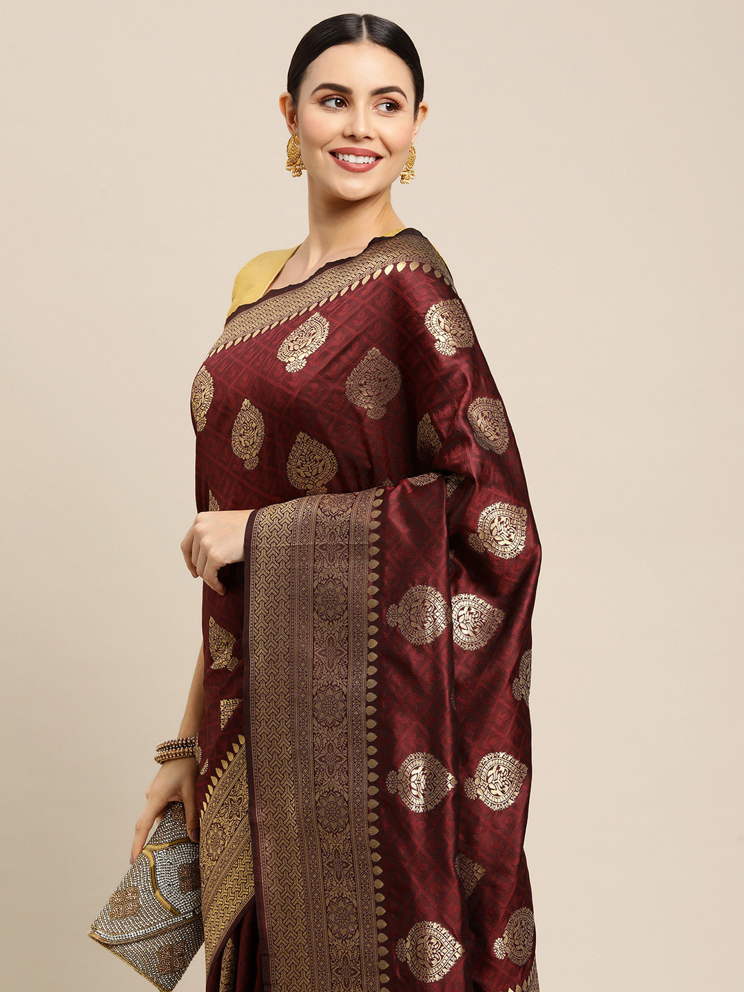 Buy Royal Rajgharana Saree Maroon & Gold Ethnic Motifs Zari Celebrity ...
