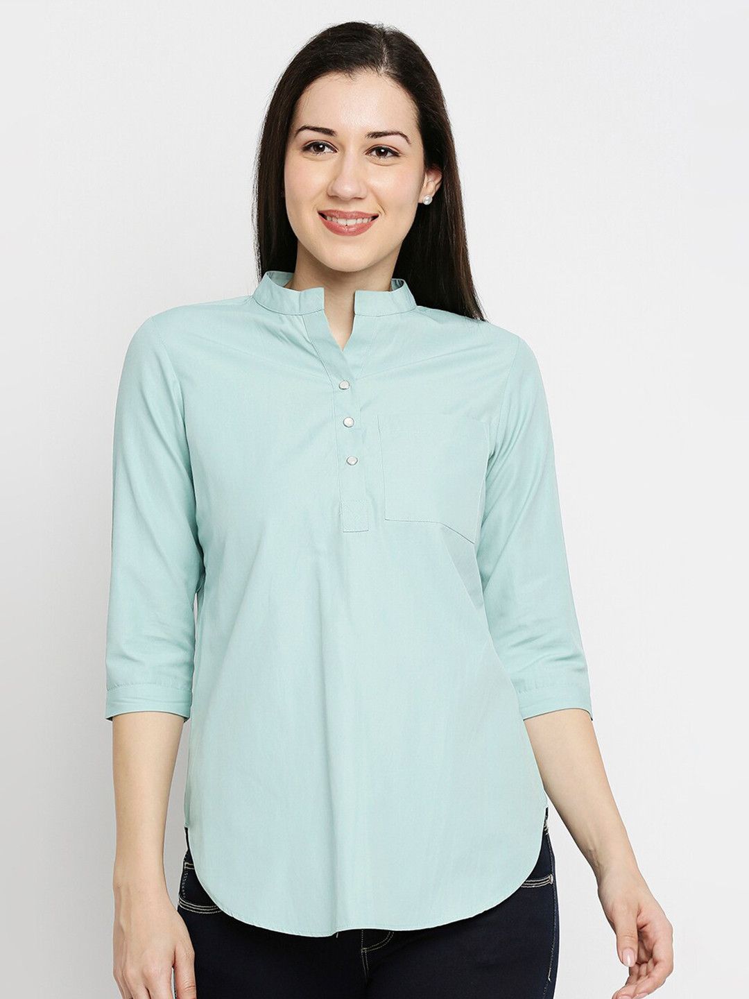Buy ZINNIA Green Mandarin Collar Shirt Style Top - Tops for Women ...