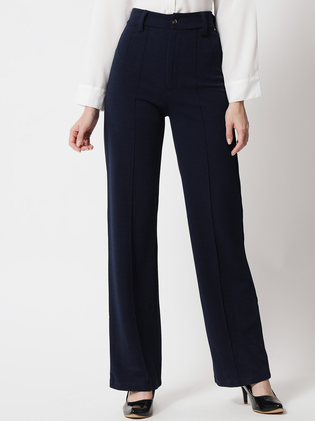 Buy KOTTY BIZwear Women Navy Blue Relaxed Straight Fit High Rise ...
