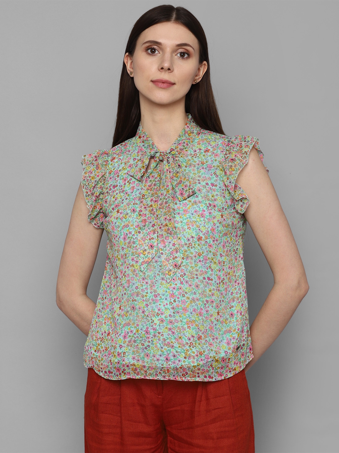 Buy Allen Solly Woman Green Floral Print Tie Up Neck Top Tops For