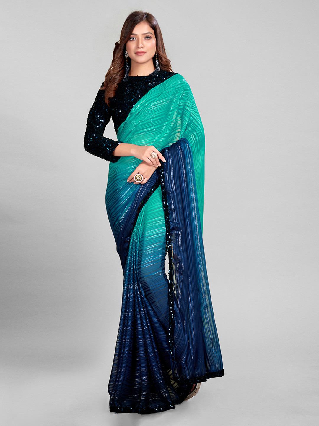Buy Granthva Fab Turquoise Blue & Blue Ombre Sequinned Silk Blend Saree ...