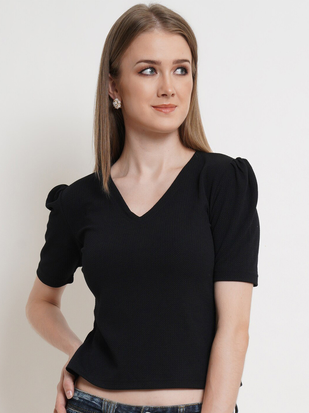 Buy Popwings Black Puff Sleeves Crop Top - Tops for Women 18703976 | Myntra