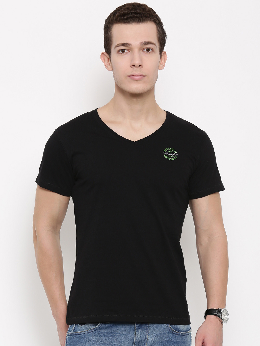 Buy Wrangler Men Black Solid Pure Cotton T Shirt - Tshirts for Men ...