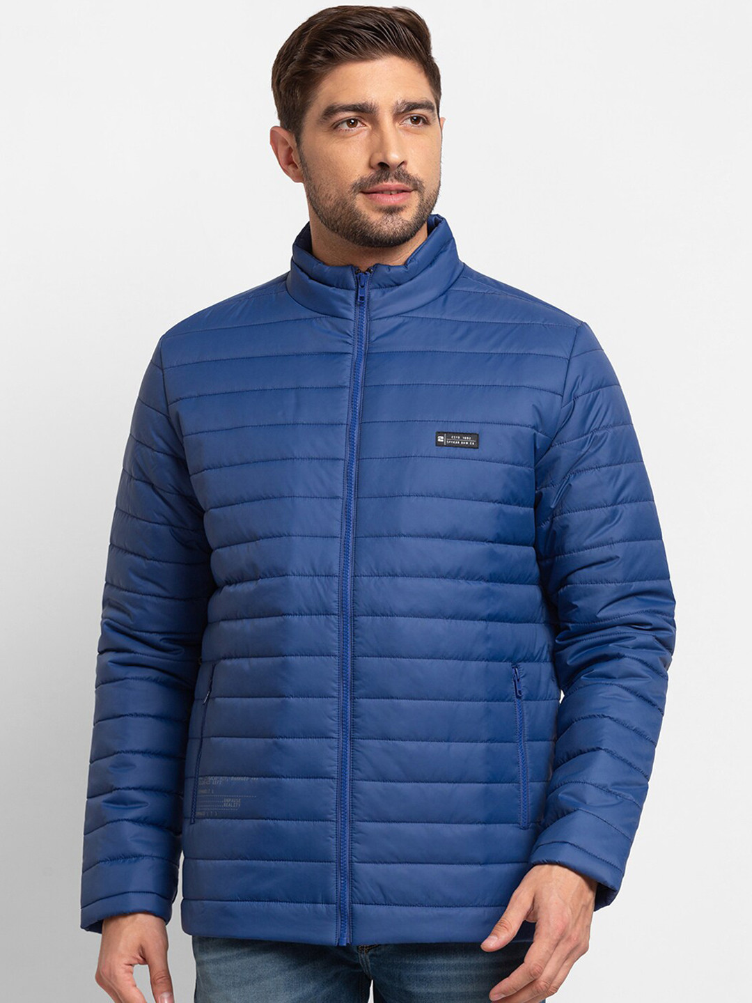 Buy SPYKAR Men Blue Colourblocked Longline Puffer Jacket With Patchwork ...