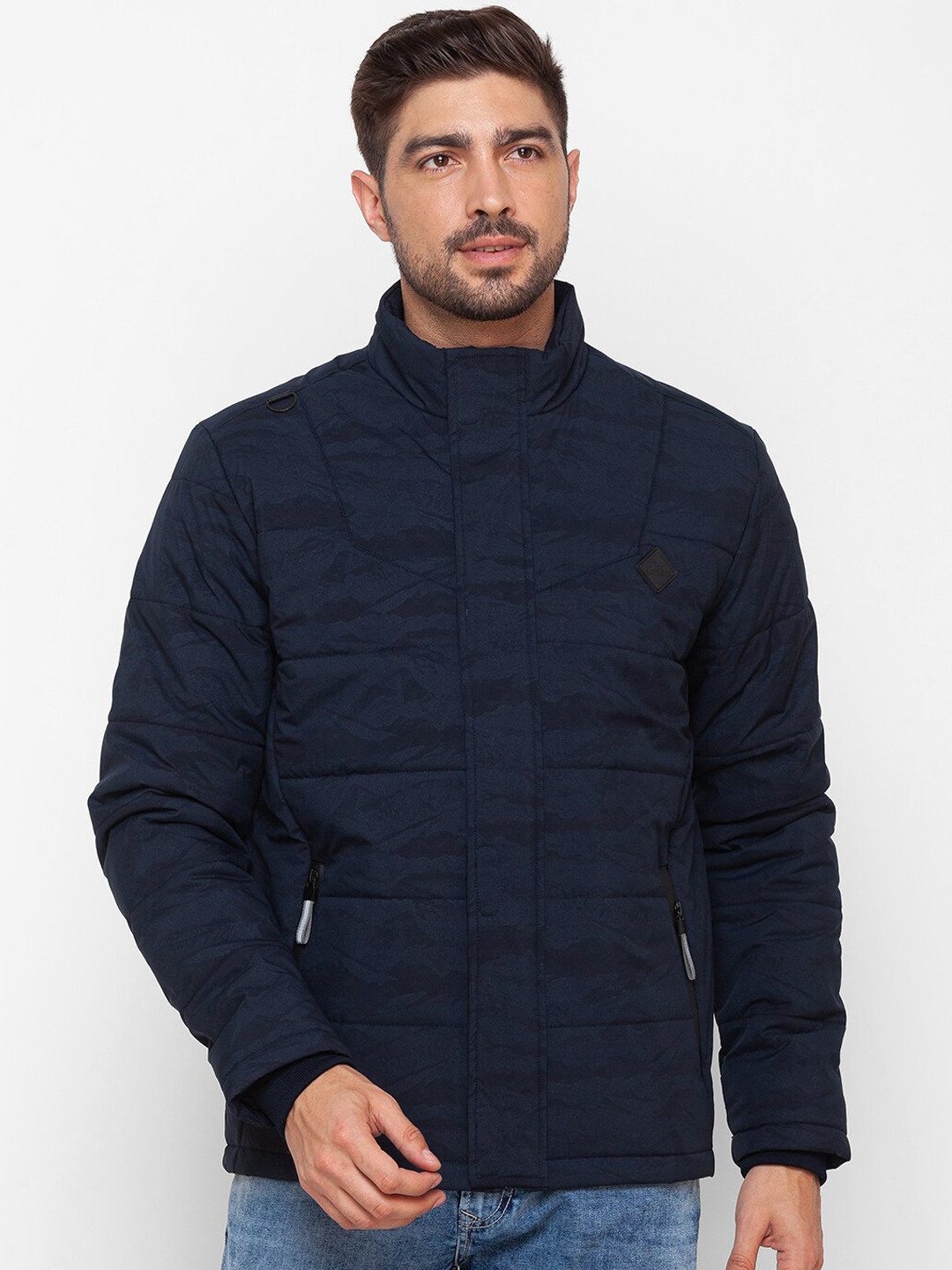 Buy SPYKAR Men Blue Nightshadow Blue Camouflage Checked Quilted Jacket ...