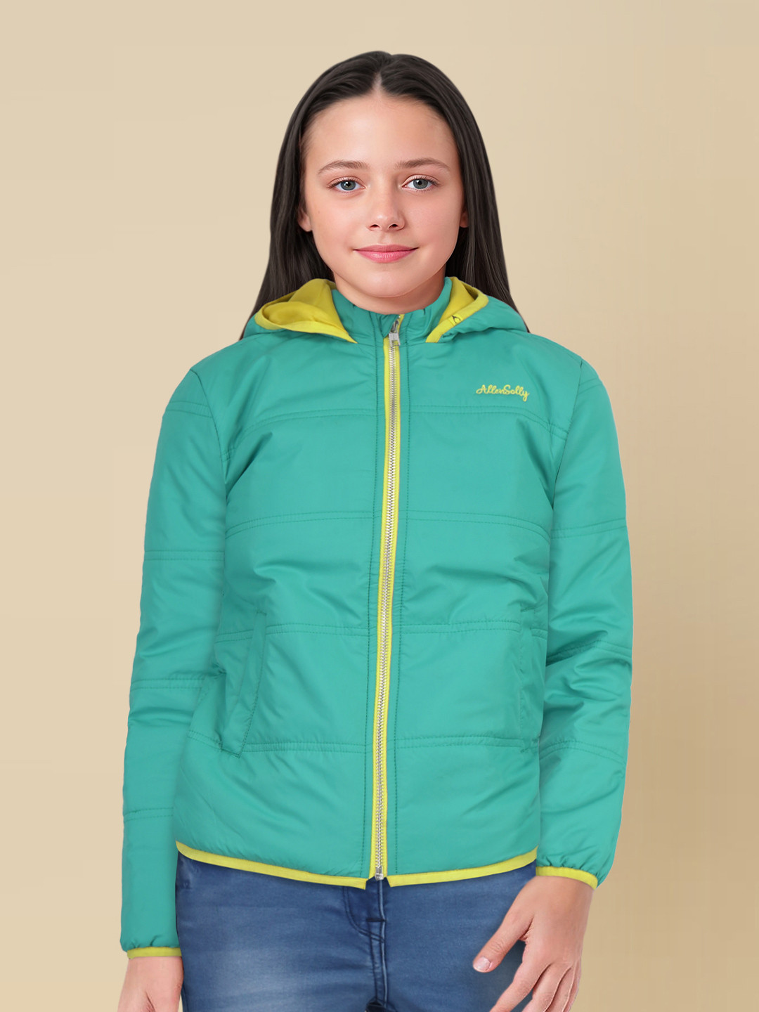 Buy Allen Solly Junior Girls Turquoise Blue Solid Hooded Padded Jacket ...