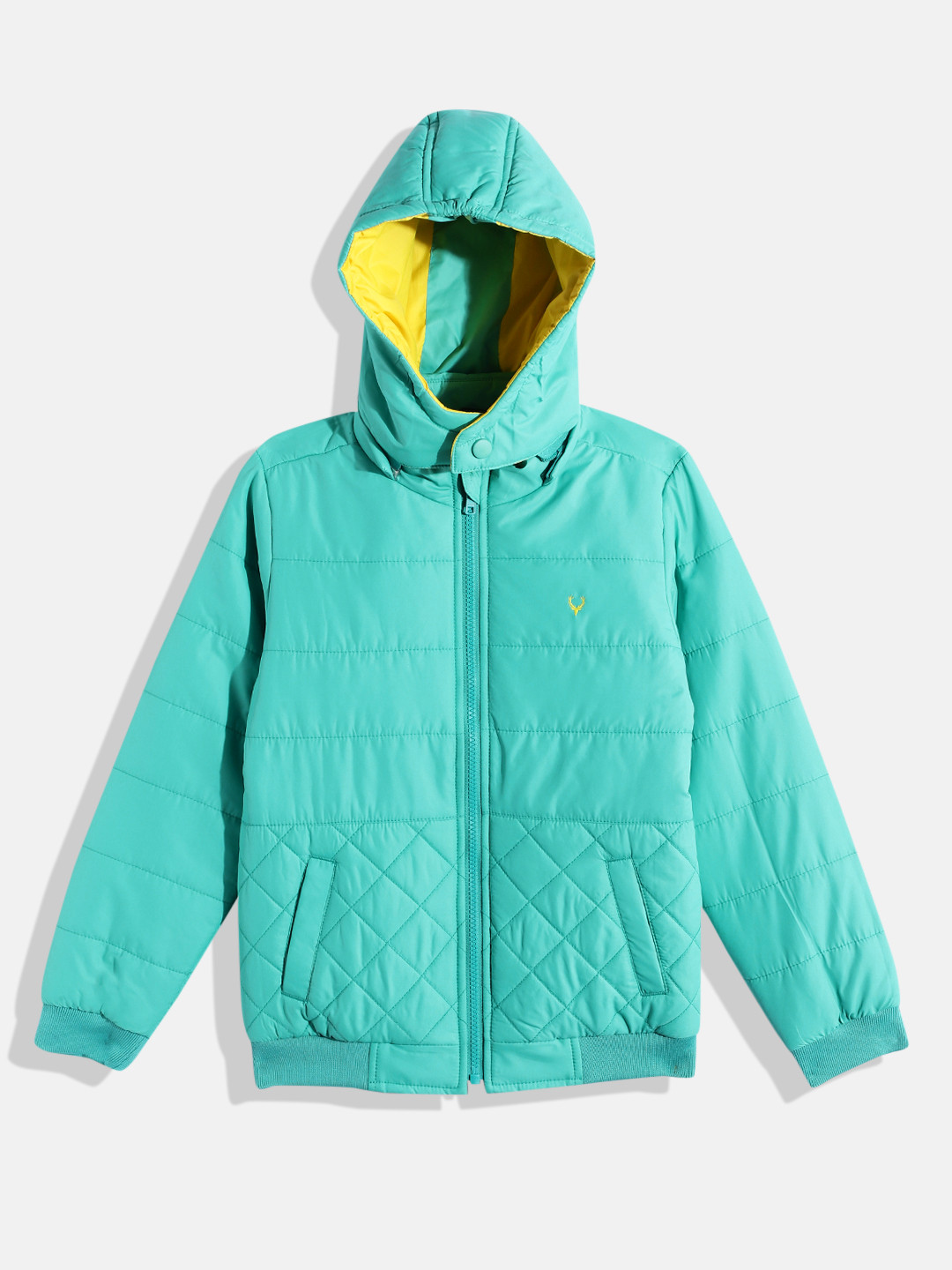Buy Allen Solly Junior Boys Turquoise Blue Solid Hooded Bomber Jacket ...