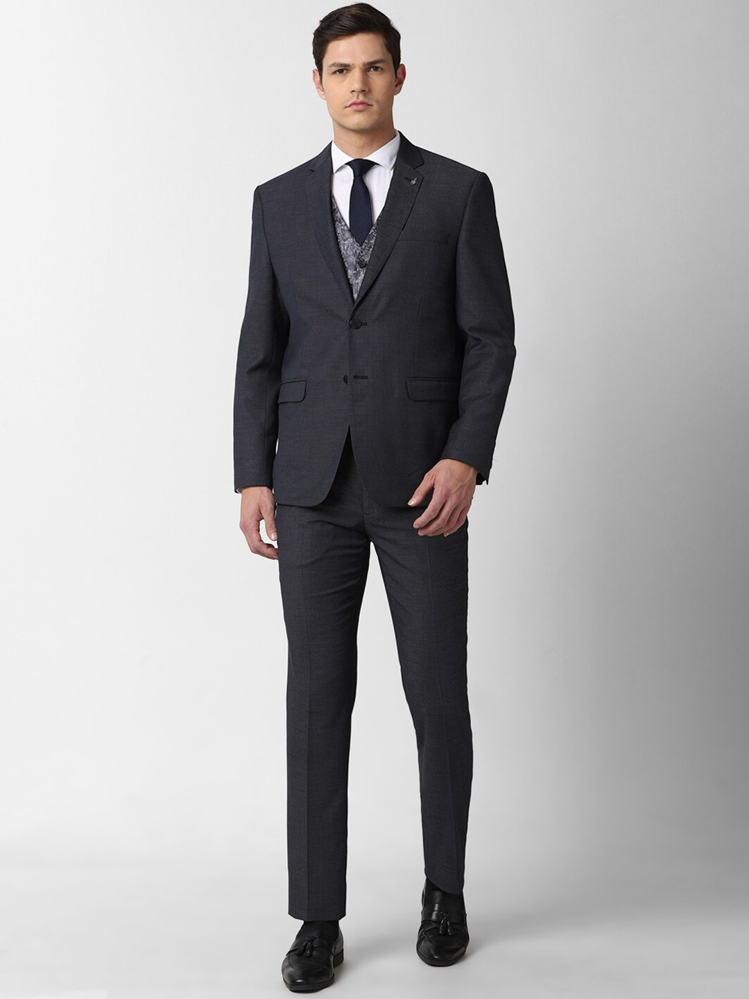 Buy Van Heusen Men Grey Patterned Single Breasted 3 Piece Slim Fit ...