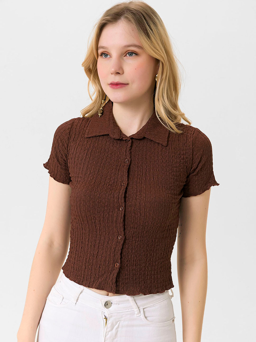 Buy Busem Coffee Brown Smocked Shirt Style Crop Top - Tops for Women ...
