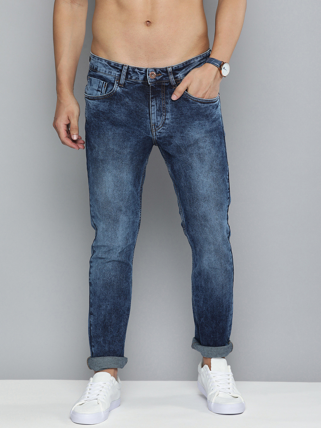 Buy Flying Machine Men Blue Michael Slim Tapered Fit Heavy Fade ...