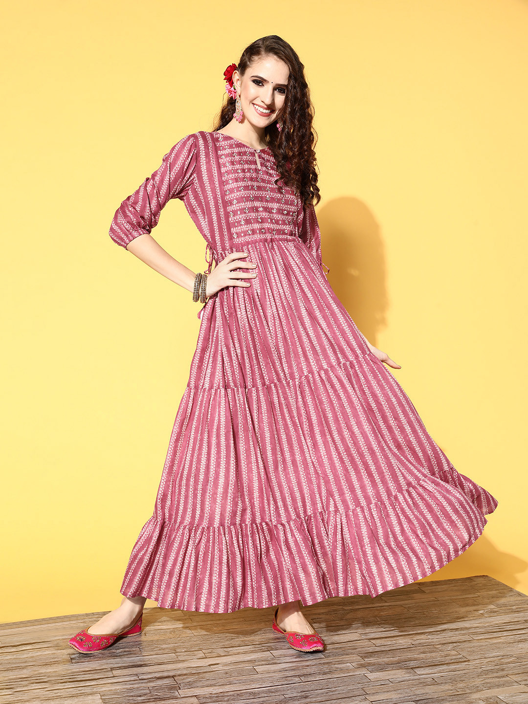 Buy ZOLA Striped Print Sequin Work On Yoke Ethnic Dress - Ethnic ...