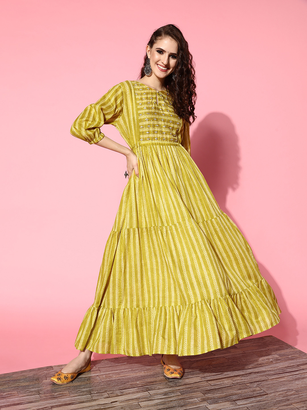 Buy ZOLA Striped Sequin Work On Yoke Ethnic Dress - Ethnic Dresses for ...