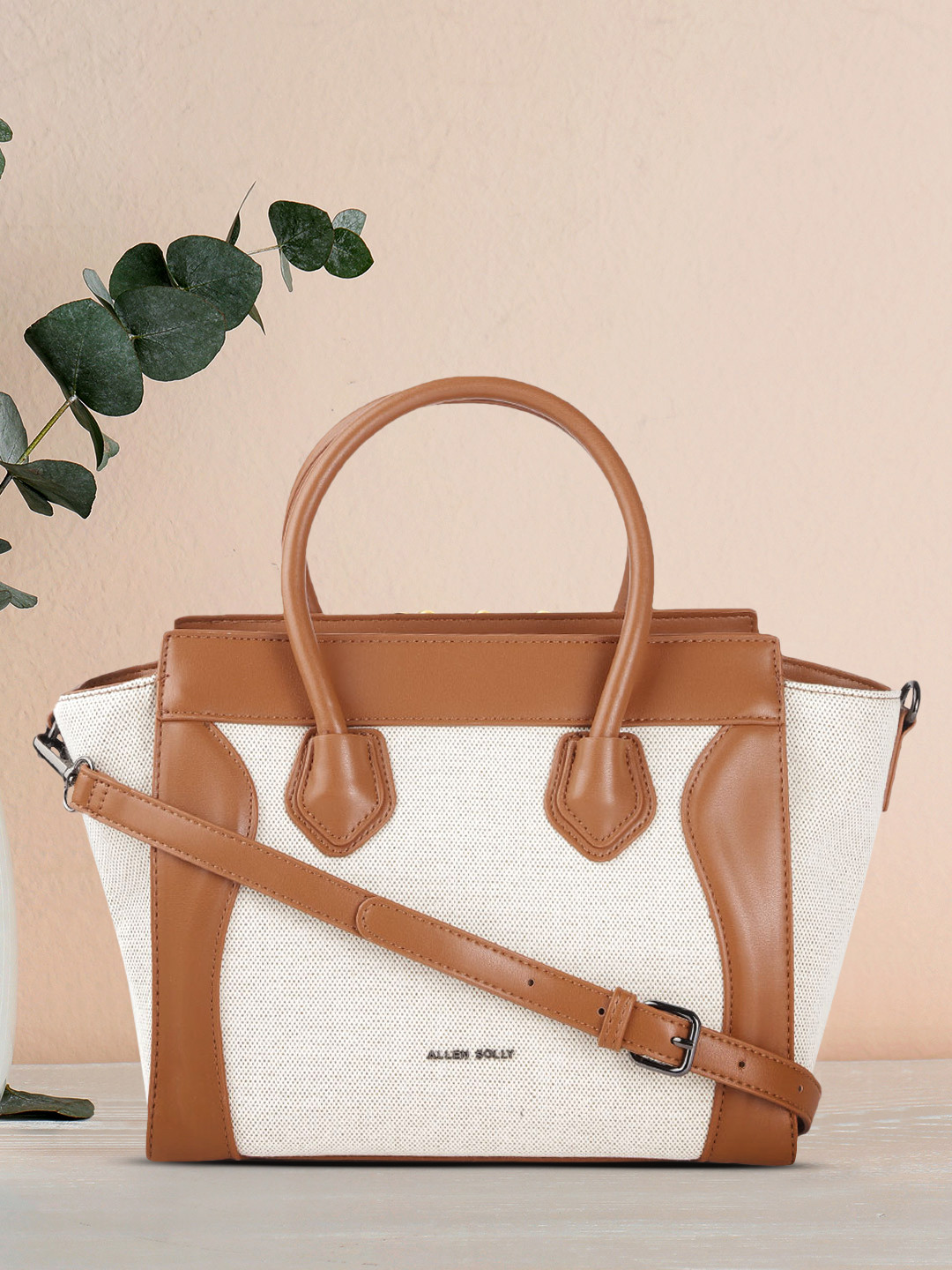 Buy Allen Solly Beige & Tan Brown Colourblocked Structured Handheld Bag ...