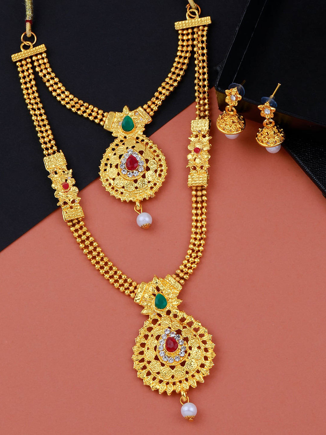 Buy Silver Shine Gold Plated Artificial Stone Studded Jewellery Set ...