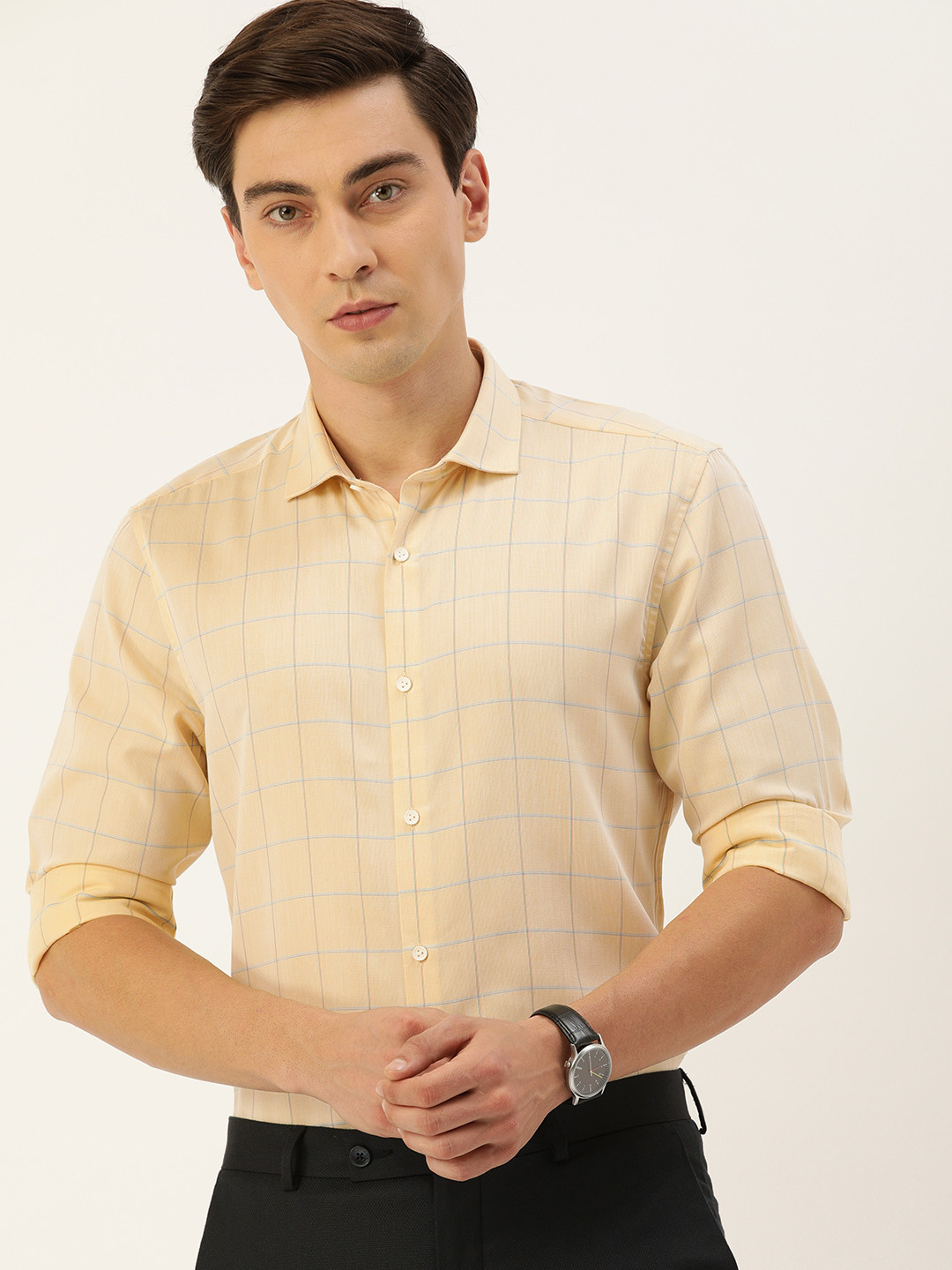 Buy Peter England Men Beige Windowpane Checked Tailored Fit Formal ...