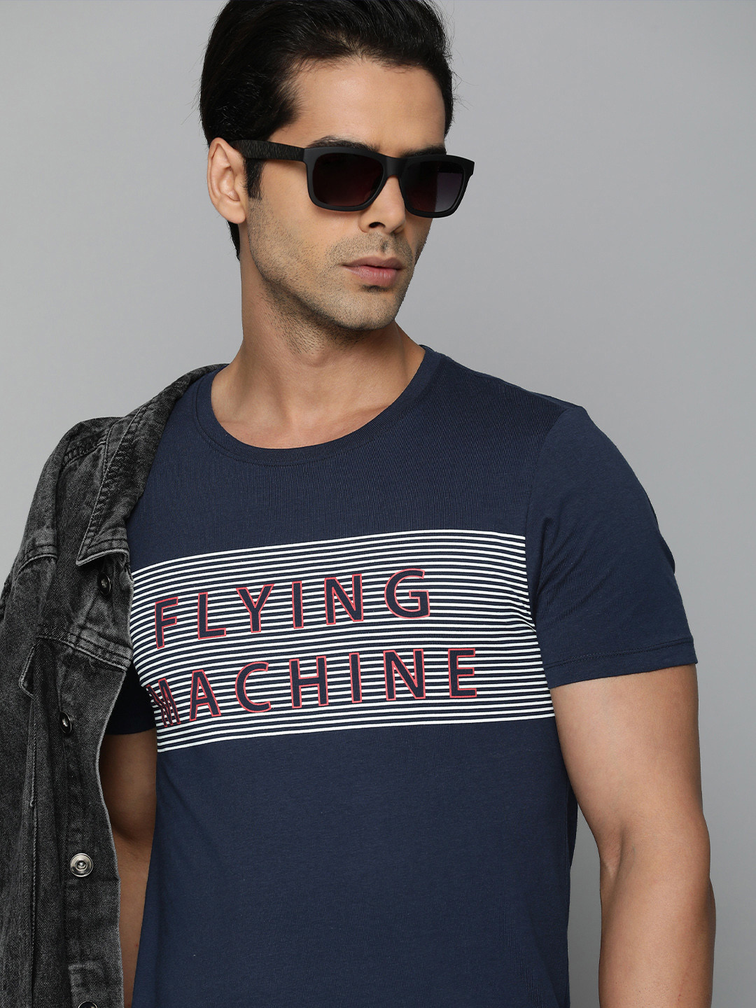 Buy Flying Machine Men Navy Blue Brand Logo Printed Pure Cotton T Shirt ...