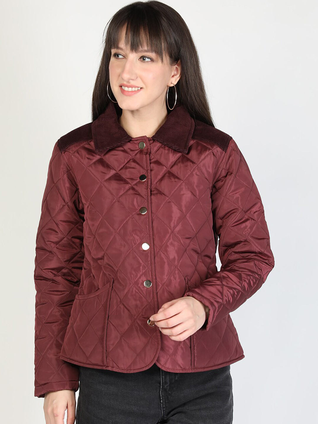 Buy HONNETE Women Maroon Lightweight Crop Outdoor Quilted Jacket ...
