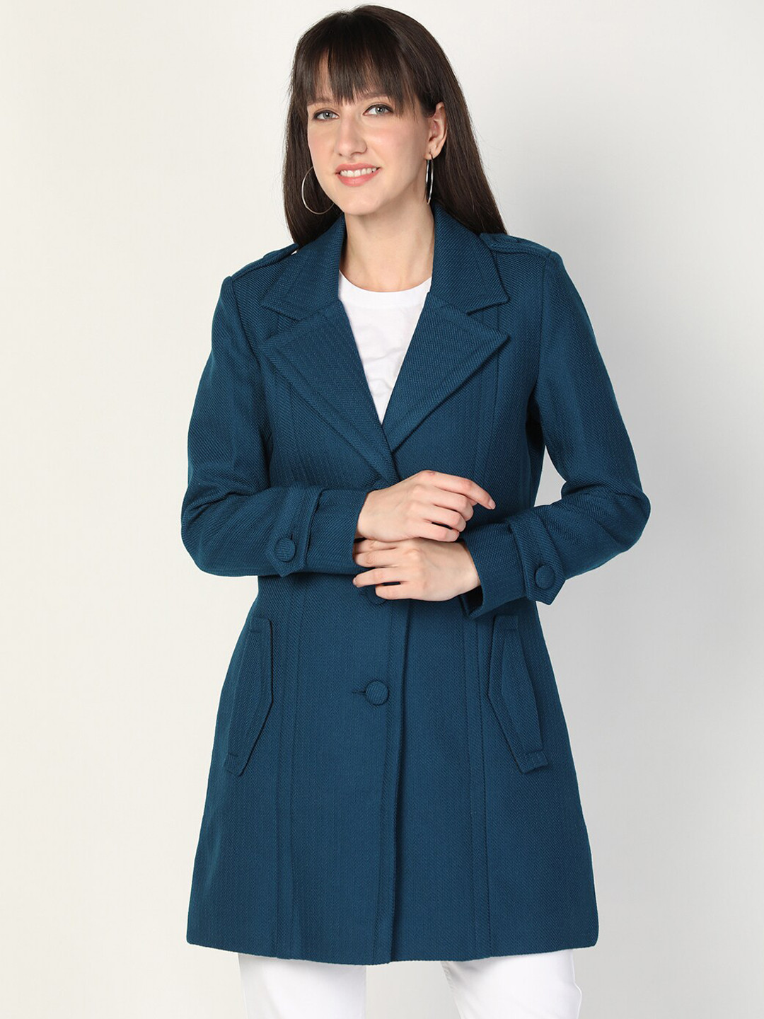 Buy HONNETE Women Teal Blue Solid Winter Coat - Coats for Women ...