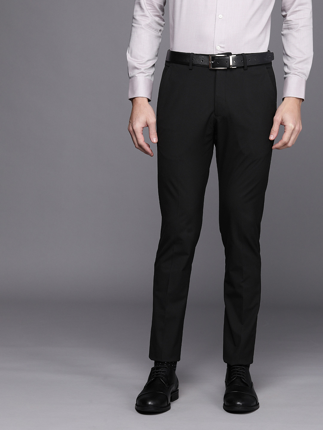 Buy Louis Philippe Men Black Solid Super Slim Fit Formal Trousers ...