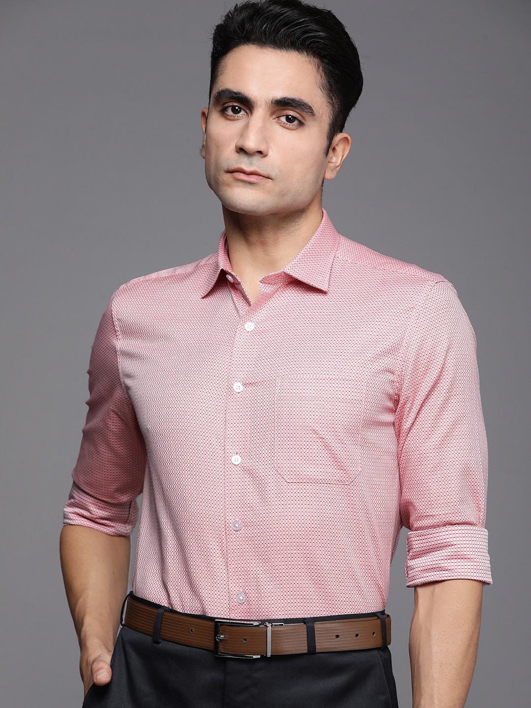 Buy Louis Philippe Men Red Self Designed Slim Fit Pure Cotton Formal ...