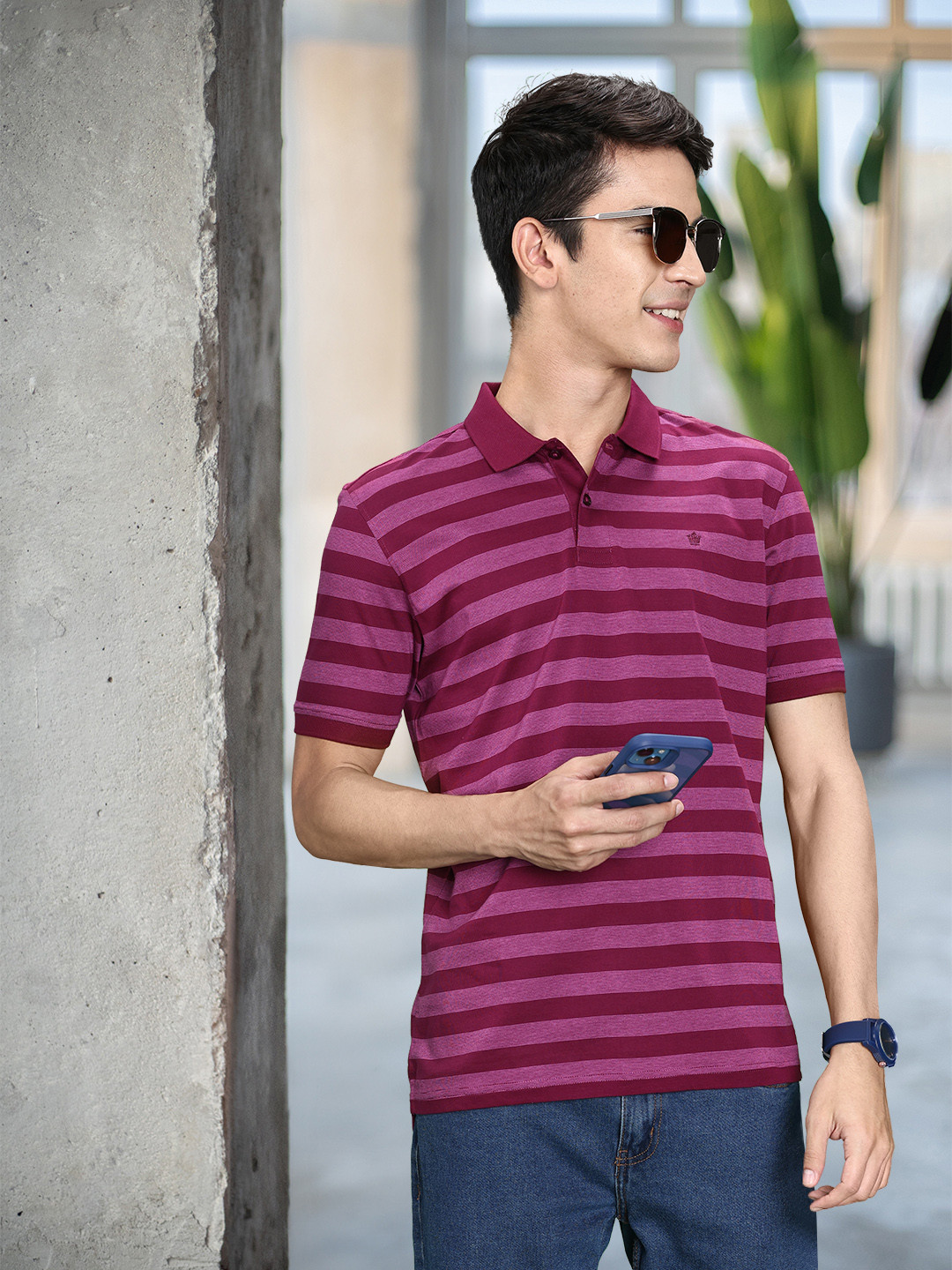 Buy Louis Philippe Men Magenta Striped Polo Collar Pure Cotton T Shirt ...