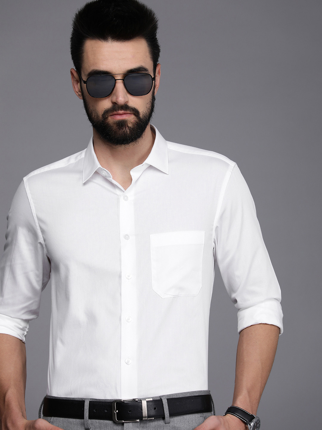 Buy Louis Philippe Men White Self Design Slim Fit Pure Cotton Formal ...