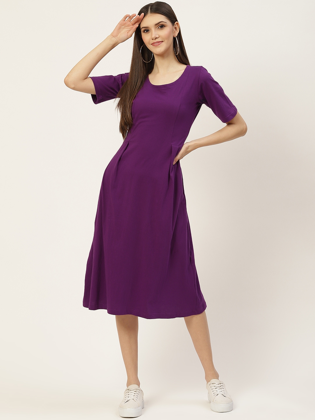 Buy Brinns Purple Solid Pure Cotton A Line Midi Dress Dresses For