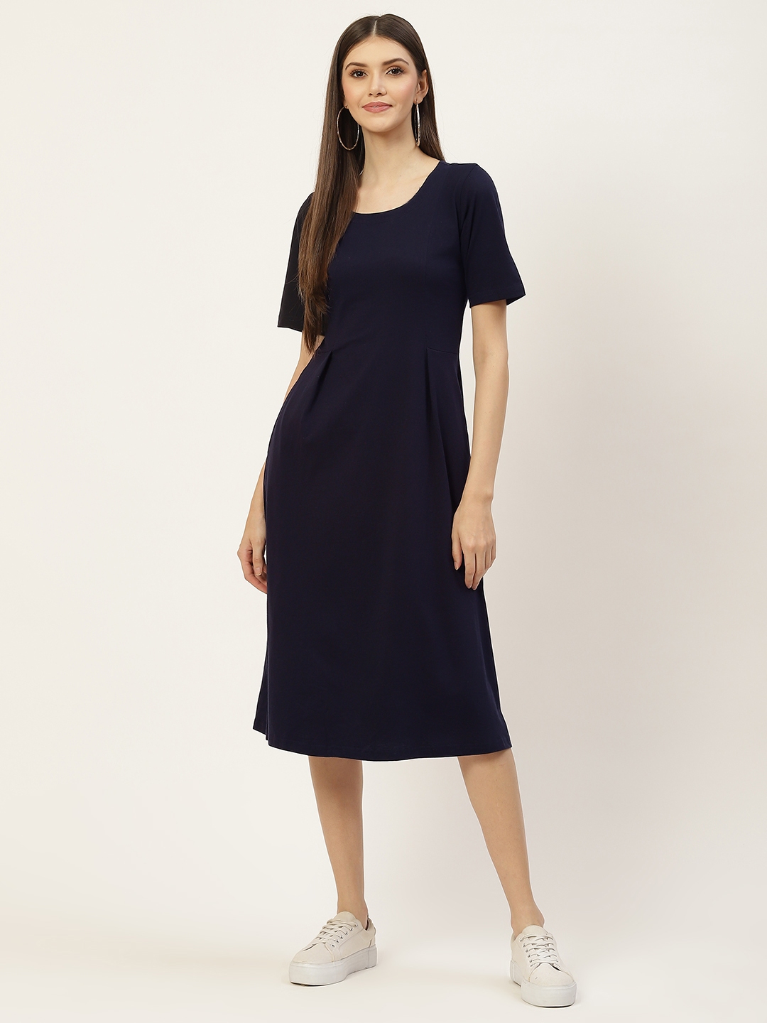 Buy Brinns Navy Blue Solid Pure Cotton A Line Midi Dress Dresses For