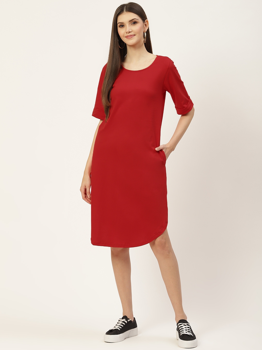 Buy Brinns Red Solid Pure Cotton A Line Midi Dress Dresses For Women