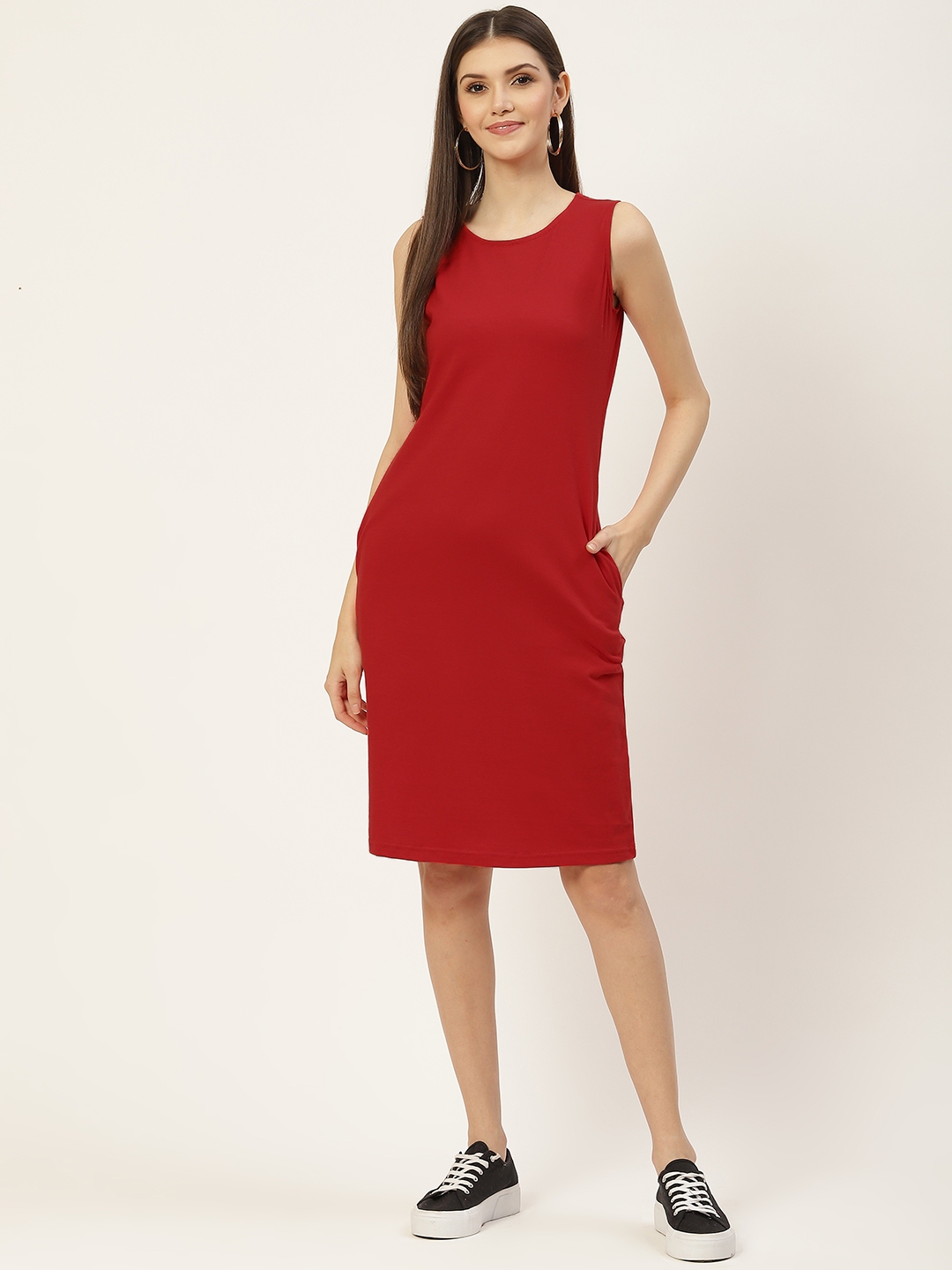 Buy Brinns Red Solid Pure Cotton A Line Midi Dress Dresses For Women