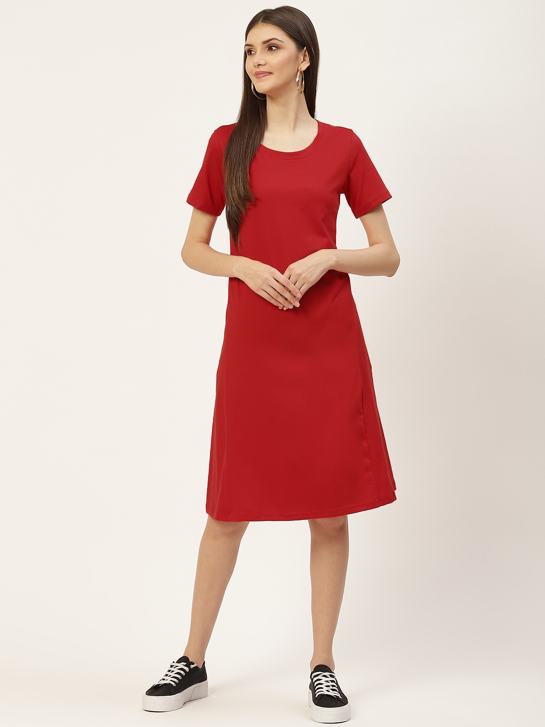 Buy Brinns Red Solid Pure Cotton A Line Midi Dress Dresses For Women