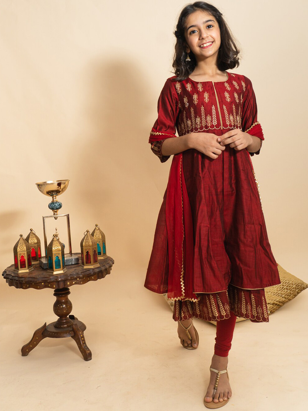 Buy BANI KIDS Girls Red Embroidered Layered Chanderi Cotton Kurta With ...