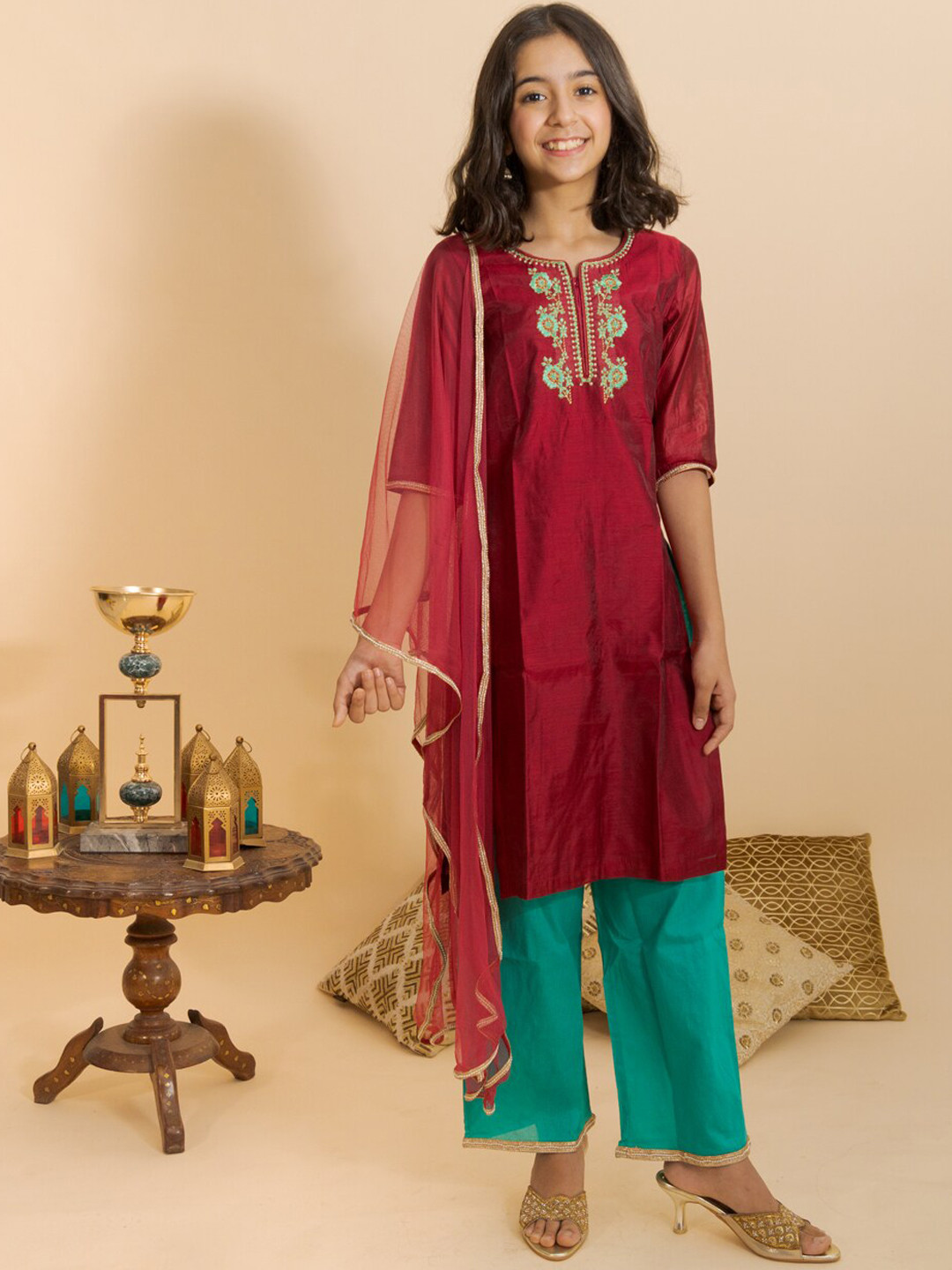 Buy BANI KIDS Girls Maroon Ethnic Motifs Embroidered Layered Chanderi ...