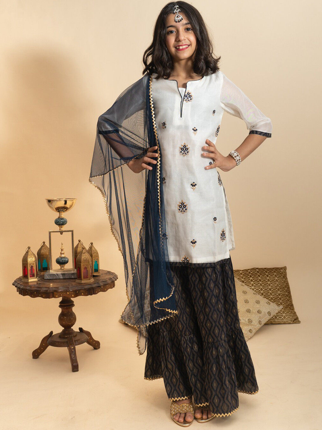 Buy BANI KIDS Girls Blue Embroidered Chanderi Cotton Kurta With Skirt ...