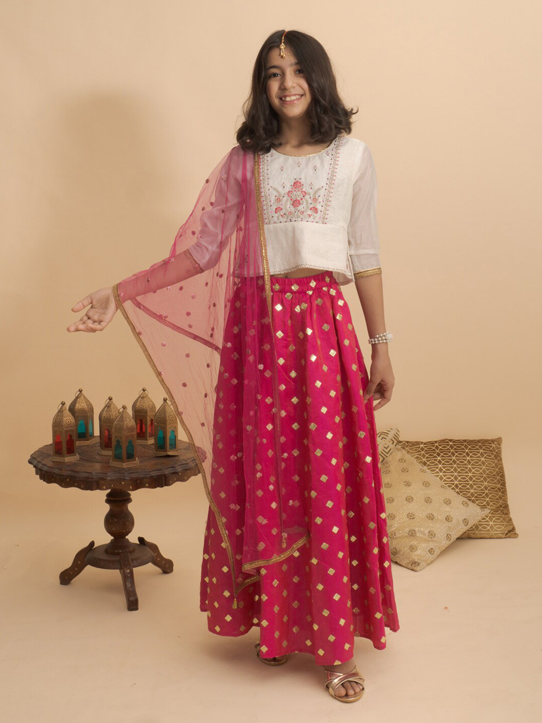 Buy BANI KIDS Girls Pink & Off White Embroidered Sequinned Ready To ...