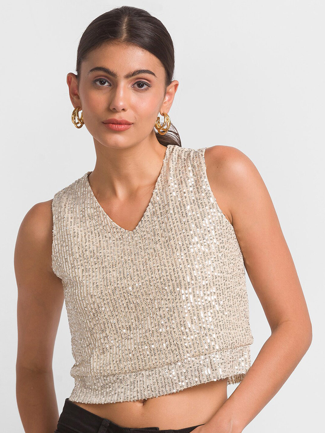 Buy Globus Cream Coloured Embellished V Neck Sequinned Top - Tops for ...