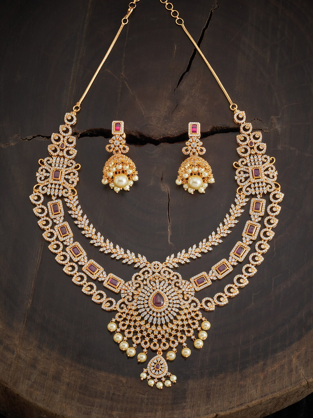 Buy Kushal's Fashion Jewellery Women Red Rose Gold Toned Layered Cubic ...