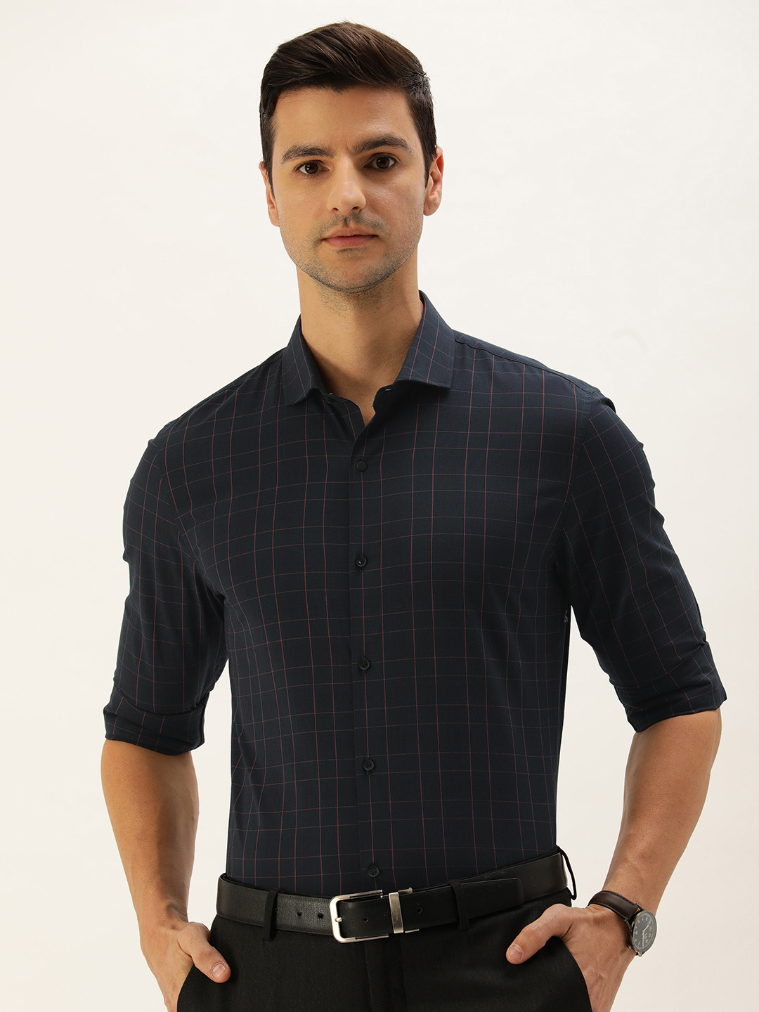 Buy Peter England Men Black Slim Fit Checked Formal Shirt - Shirts for ...