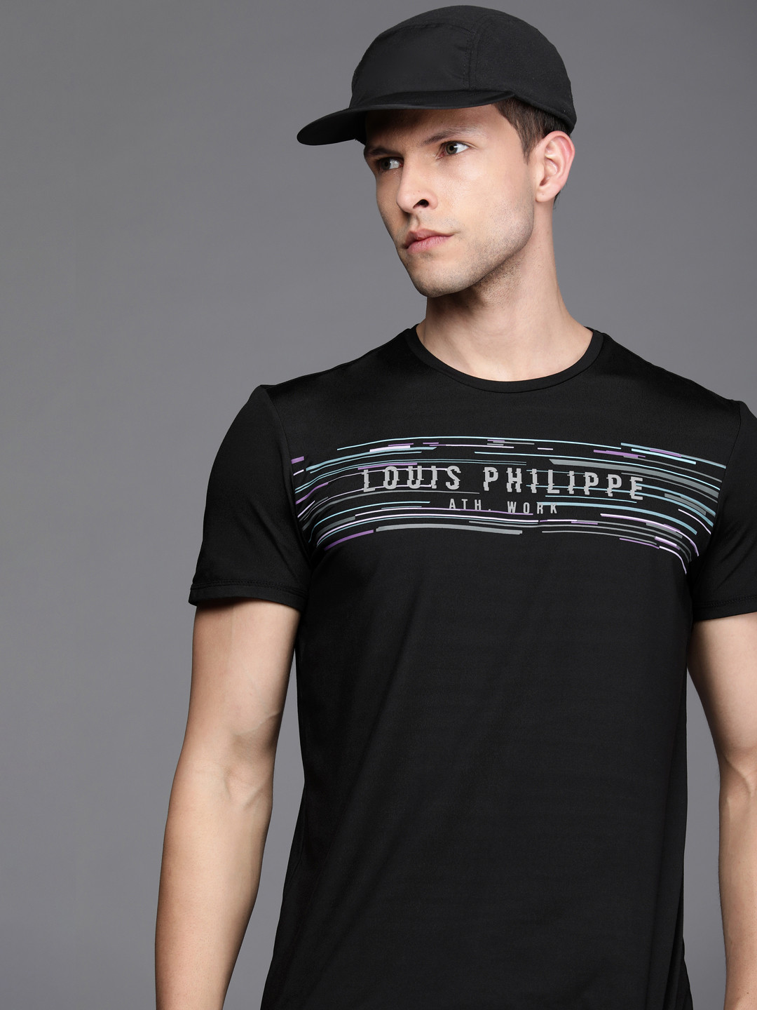 Buy Louis Philippe Ath. Work Men Black Brand Logo Printed Slim Fit ...