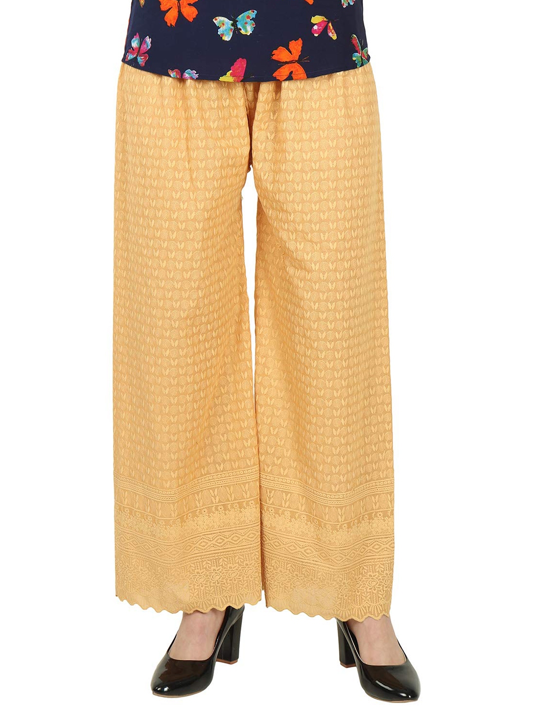 Buy Trendzmy Women Beige Floral Embroidered Flared Handloom Palazzos ...