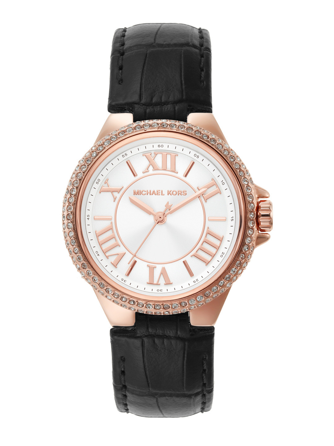 Buy Michael Kors Women White Dial & Black Leather Straps Camille ...