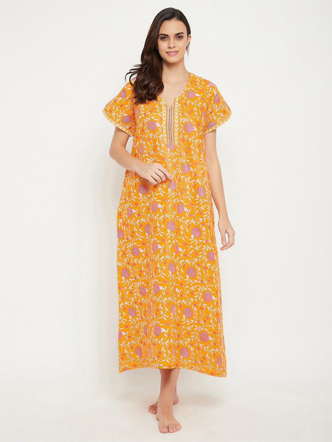 Buy Clovia Yellow Printed Maxi Nightdress - Nightdress for Women ...