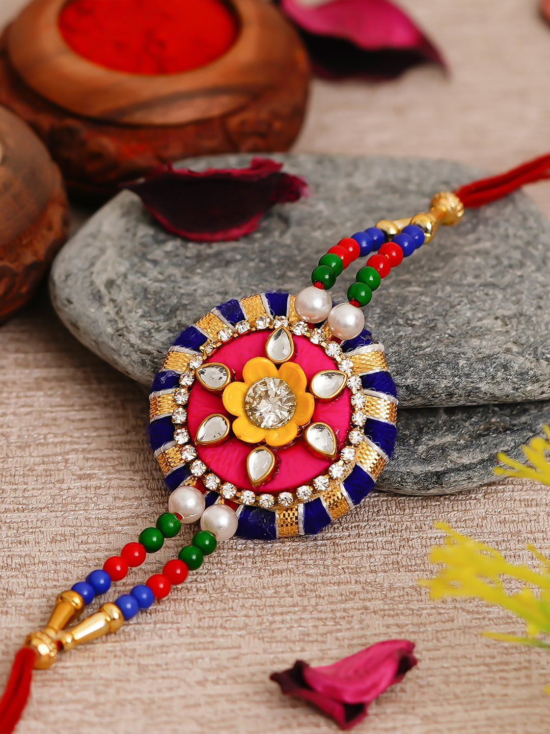 Buy ECraftIndia Multicoloured Designer Floral Rakhi And Roli Chawal ...