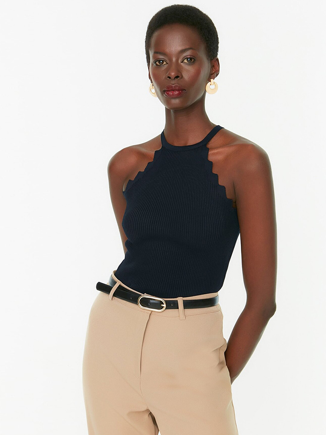 Buy Trendyol Navy Blue Ribbed Halter Neck Top - Tops for Women 18769432 ...